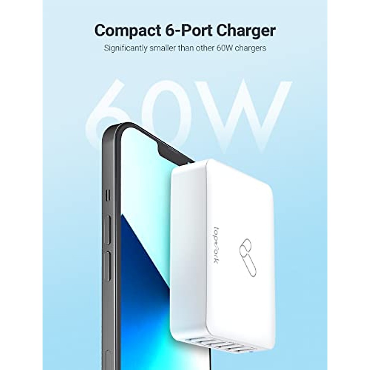 USB Charging Station, Topvork 6-Port USB Wall Charger, Multiport 60W USB Charging Hub, 6-in-1 Desktop USB Charger, Compact USB Charger Block for iPhone 13/13 Pro/iPhone 12, Galaxy, Note, Pixel & More