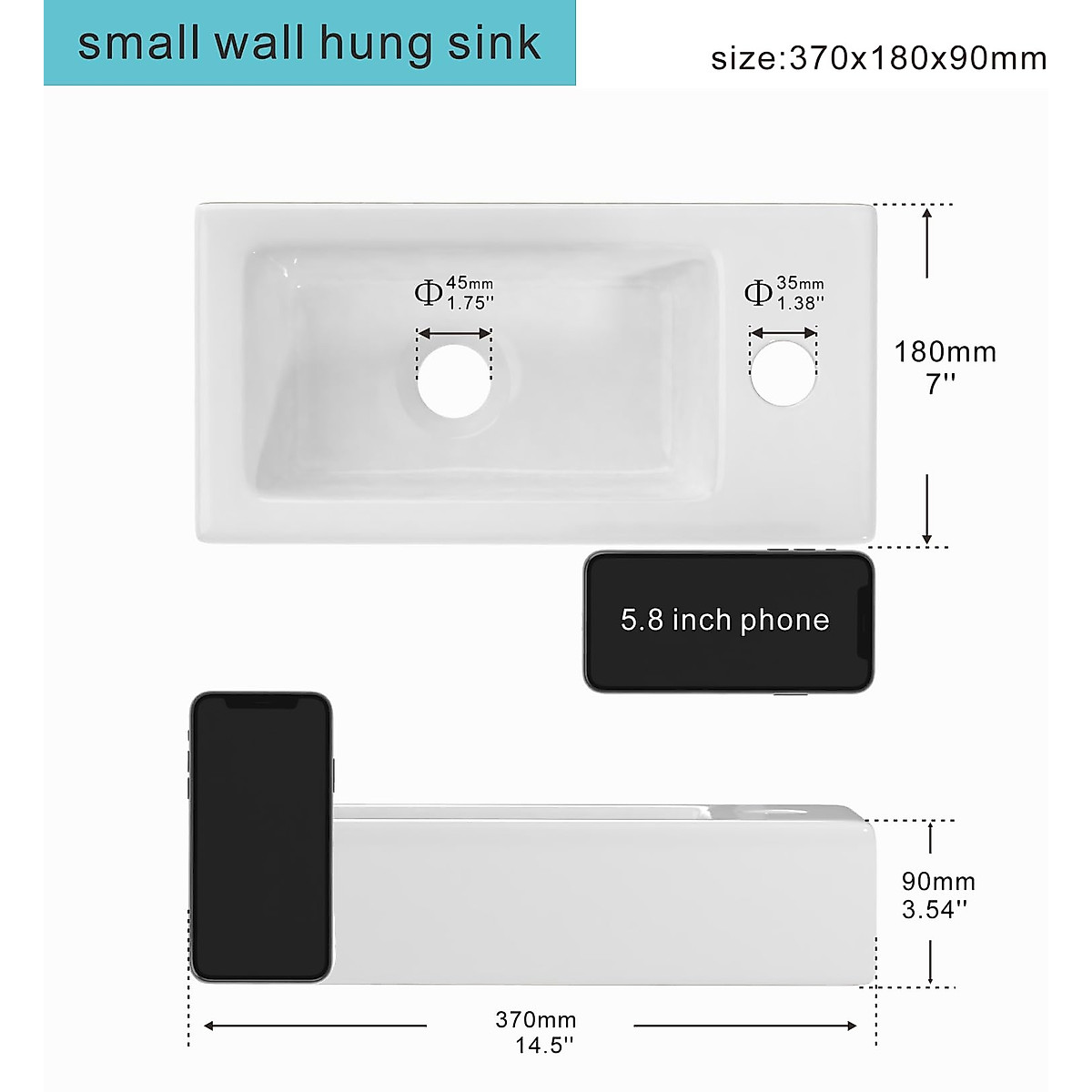 J-FAMILY Small Bathroom Sink Wall Hung Basin Sink Rectangle Ceramic Mini Vessel Sink Wall Mount Wash Basin,Right Hand