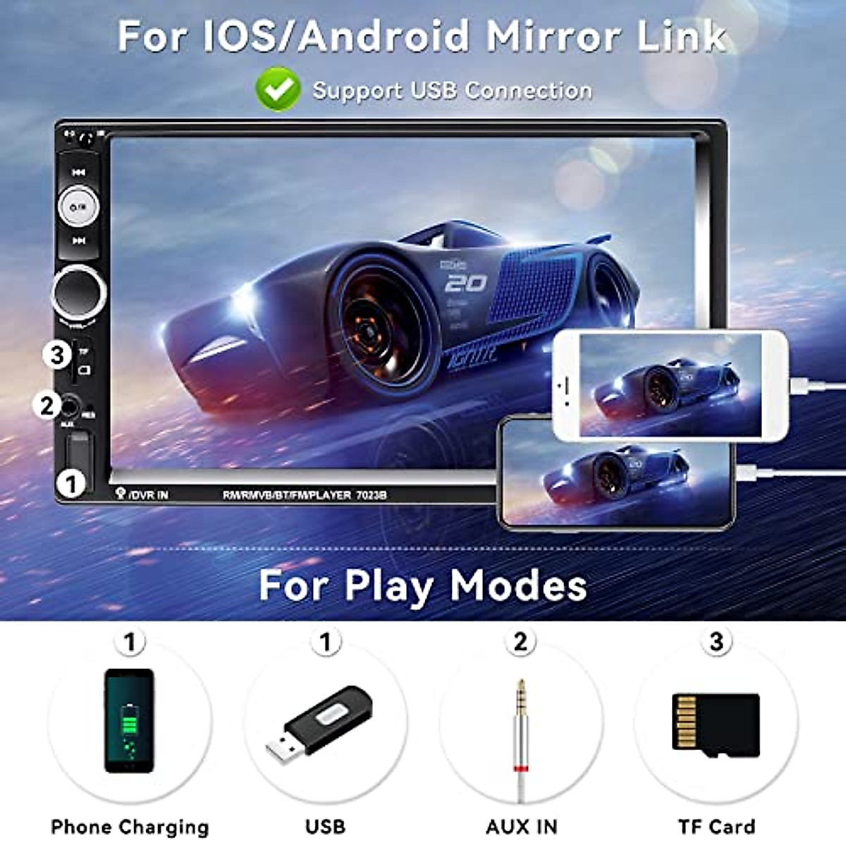 CAMECHO 7" Double Din Car Stereo Audio Bluetooth MP5 Player USB FM Multimedia Radio+ 4 LED Mini Backup Camera with Steering Wheel Remote Support Mobile Phone Synchronization (Used in Android/iOS)