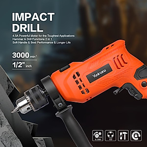 Yunirvana 4.5A Corded Hammer Drill,4.5A Corded Drill Impact Drill 0-3000RPM Electric Drill with 5 Drill Bit Set,Hammer and Drill Functions, 360°Rotating Handle