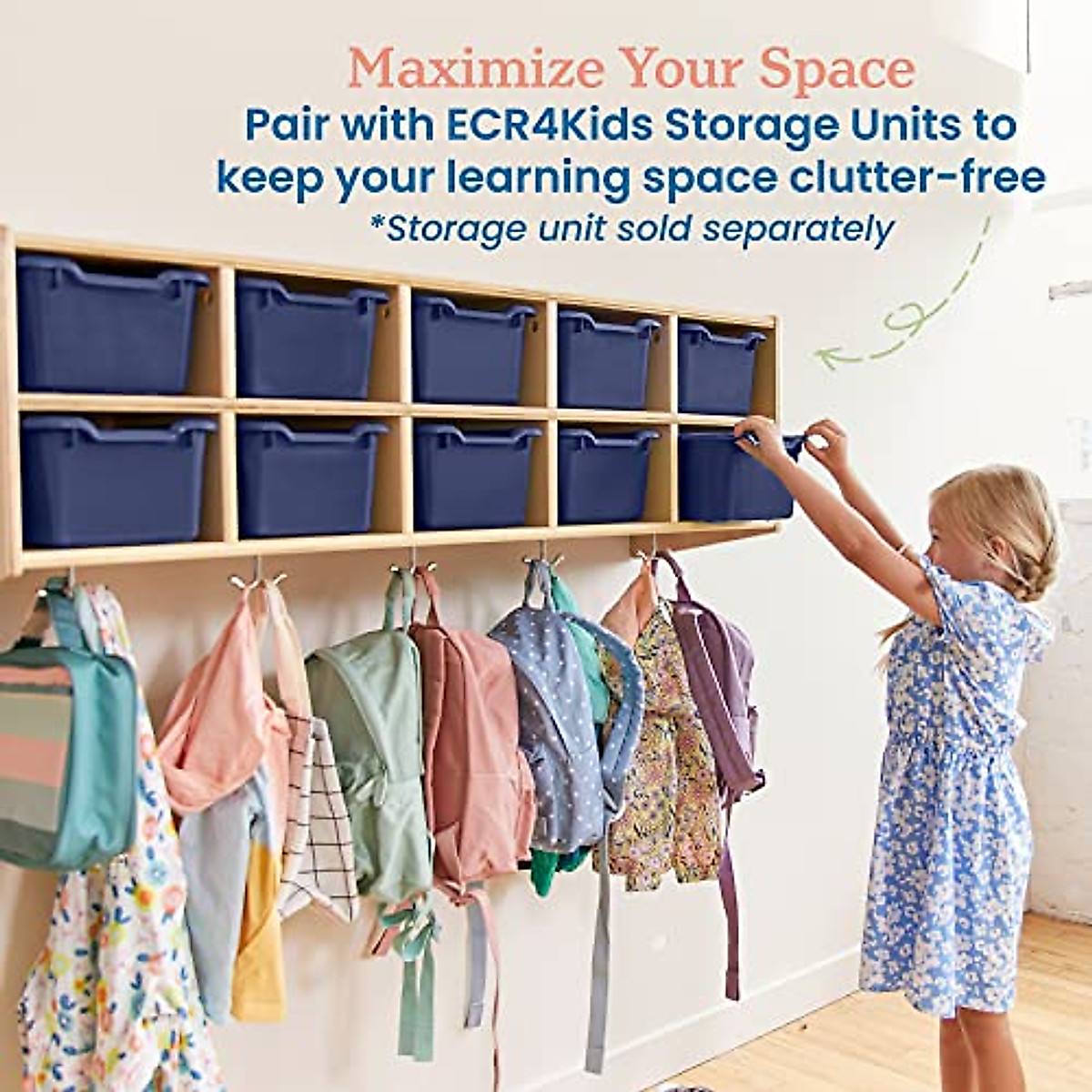 ECR4Kids Scoop Front Storage Bins, Multipurpose Organization, Navy, 10-Piece