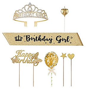 HiStock Happy Birthday Decoration Set for Girl, Birthday Girl Gold Sash Crown Tiara Candles Cake Topper Birthday Party Favors for Girl Girlfriend Daughter