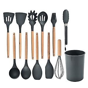 VETCS 12-Piece Silicone Kitchen Cooking Utensils Set with Holder,Heat-Resistant BPA Free Kitchen Tools,Dishwasher Safe,Black,12.5 * 33.2cm