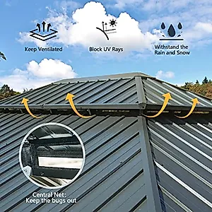 Domi Hardtop Gazebos 12x16FT, Aluminum Metal Gazebo with Galvanized Steel Double Roof Canopy, Curtain and Netting, Permanent Gazebo Pavilion for Patio, Backyard, Deck and Lawn, Grey