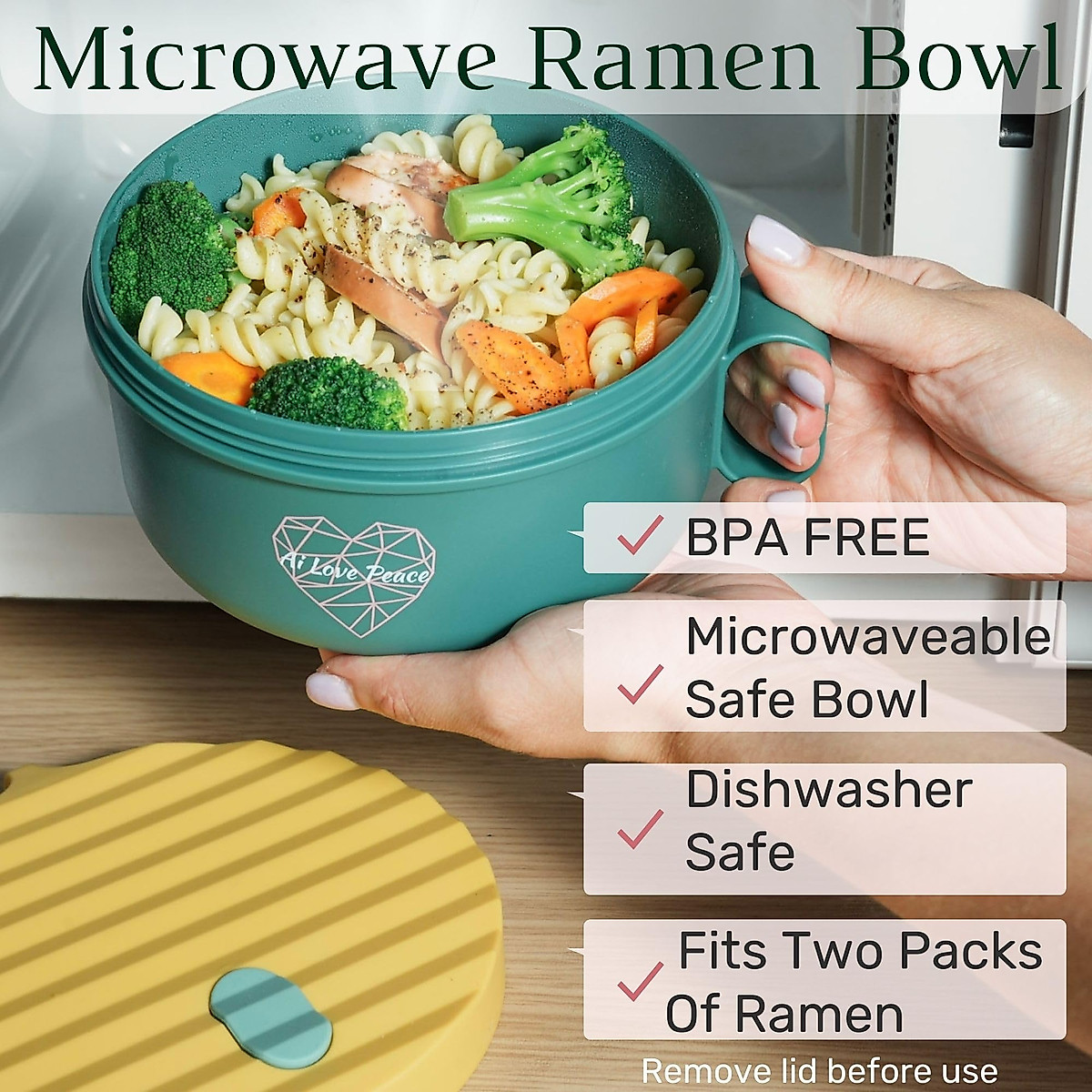 AI LOVE PEACE Microwave Ramen Soup Bowl - Instant Noodle Cooker for Dorm Room Essentials with Lid - Ramen Maker - Microwave Safe Bowls BPA Free Pefect College Gifts and Holiday Gifts