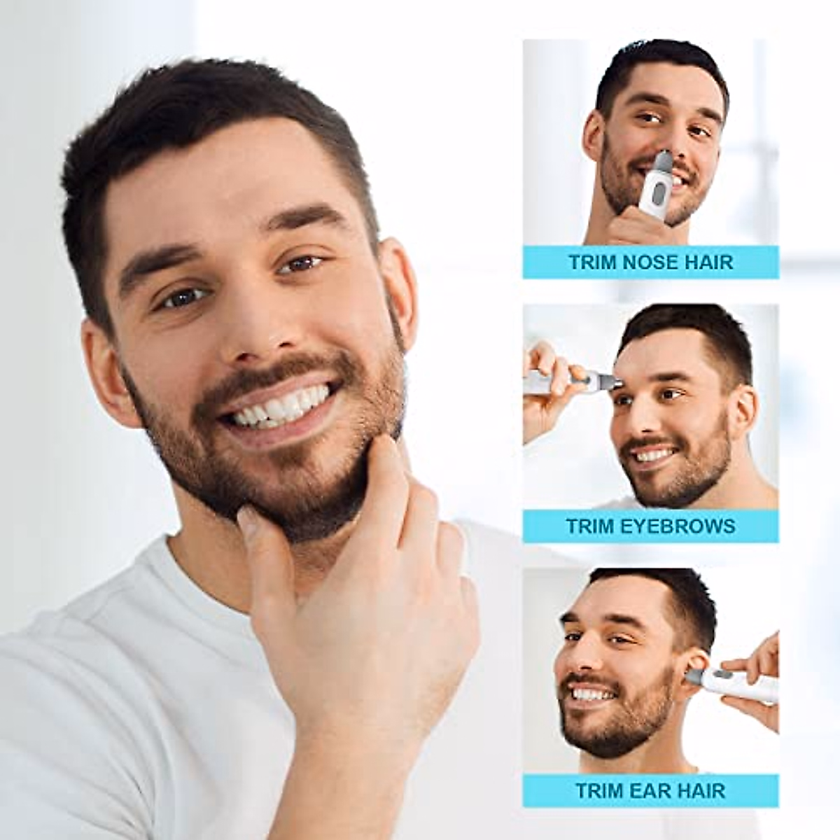 MOUSIKA Ear Nose Hair Trimmer Clipper Painless Eyebrow Facial Hair Removal for Men and Women Waterproof Dual Edge Blades Battery Operated Electric Groomer (White)