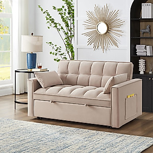 Velvet Sleeper Sofa Couch Bed, 4 in 1 Small Modern Convertible Loveseat Futon Sofa with Pullout Bed and Adjustable Backrest for Small Space Living Room Apartment Office Studio Lounge Reading Taupe