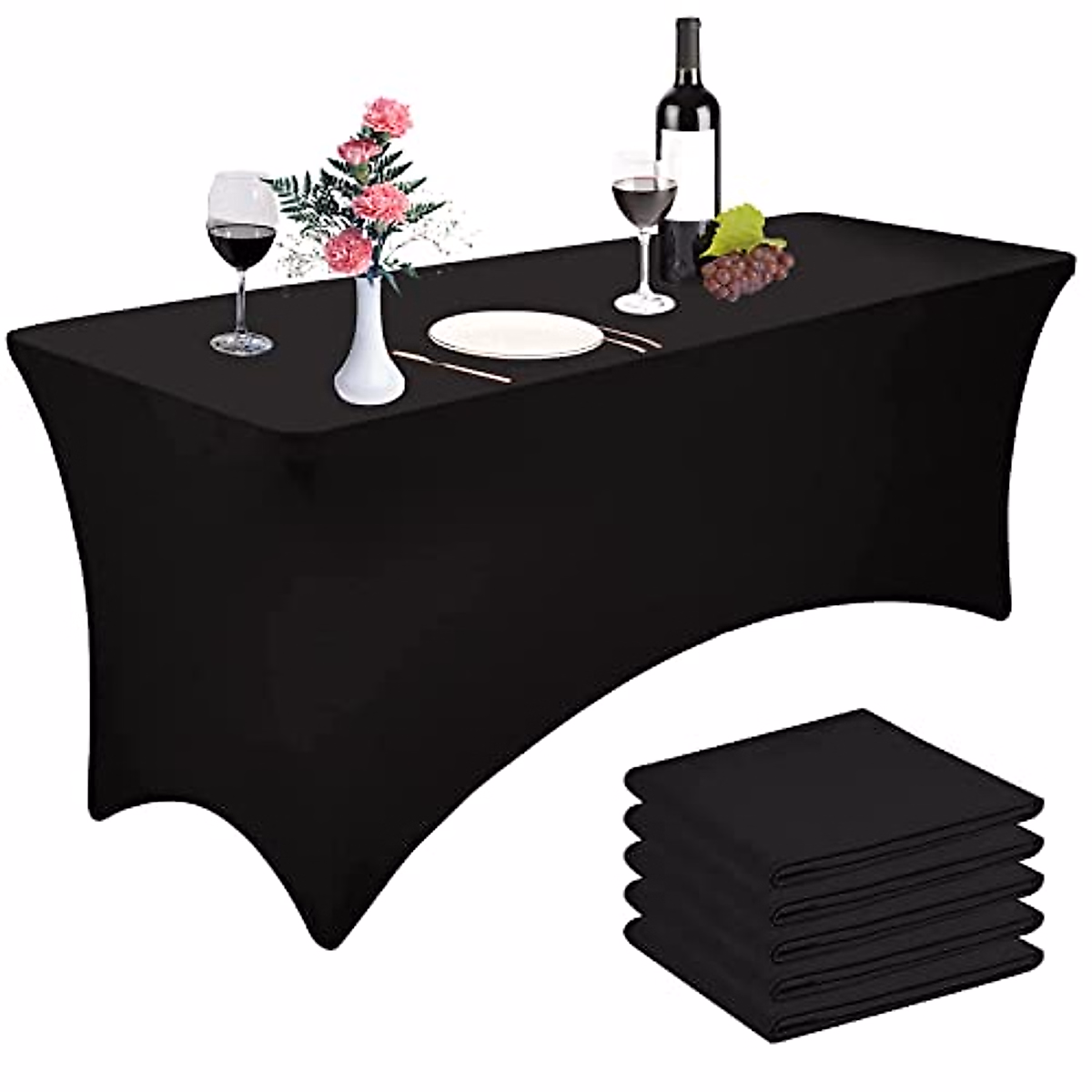 Nobed HHT 4 Packs Black Spandex Table Cloth for 6 Foot Rectangle Folding Tables, Wrinkles-Free Stretchable Black Spandex Table Covers for Party Birthday Picnic Receiption Event Displays