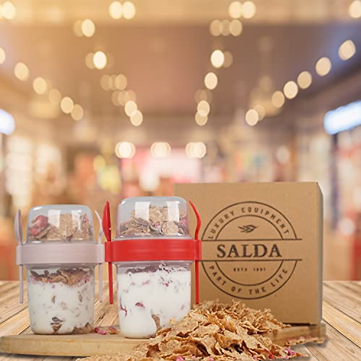 Salda 2 Pack 22 oz Breakfast On the Go Cups, Take and Go Yogurt Cup with Topping Cereal Cup with spoon and fork, Overnight Oats or Oatmeal Container Jar, Colorful Set of 2 (Red and Pink)