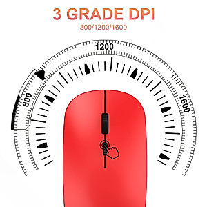 FENISIO Wireless Mouse, 2.4G Optical Cordless Mouse with USB Receiver Ultra Silent Ergonomic LED Mouse, AA Battery Operated, Computer Mouse for PC, Laptop, Desktop, MacBook, Windows (Red)