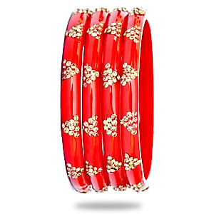 JD'Z COLLECTION Indian Traditional Glass Bangles Kada For Women & Girls Stylish Ethnic Partywear Bangle Bollywood Fashion Jewelry Set Of 4pc (Red, 2.6)