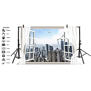 Baocicco 10x7ft White Windowsill Backdrop Vinyl Window View Photography Background White Window Curtains City Skyline Blue Sky Children Kids Adult Portrait Photo Video Studio Props