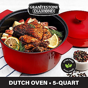 Granitestone Dutch Oven, 5 Quart Ultra Nonstick Enameled Lightweight Aluminum Dutch Oven Pot with Lid, Round 5 Qt. Stock Pot, Dishwasher & Oven Safe, Induction Capable, Healthy 100% PFOA Free, Red