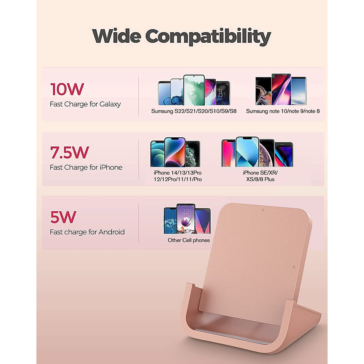 Wireless Charger YUWISS Wireless Charging Stand Cordless Charger 10/7.5/5W Compatible with iPhone 15 14 13 12/12 /11Pro Max/XR/XS Max/XS/X/8/8Plus Galaxy S22/S21/S9/S9+/S8/S8+ Note (Rose Gold)