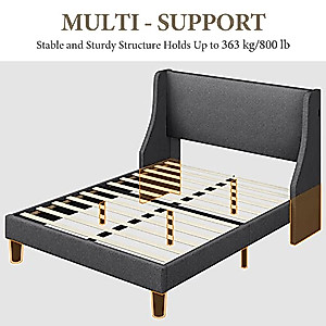 Yaheetech Queen Size Upholstered Bed Frame with 2 USB Charging Stations/Port for Type A & Type C/Linen Fabric Curved Headboard, Mattress Foundation, Strong Wooden Slats Support, Dark Grey