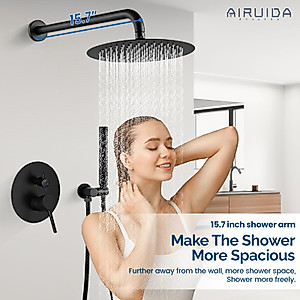 Airuida Shower Fixtures Matte Black 2 Functions 10 Inches Round Rainfall Shower Head and High Pressure Brass Shower Handheld Mixer Bathroom Wall Mount Shower System with Rough-in Valve