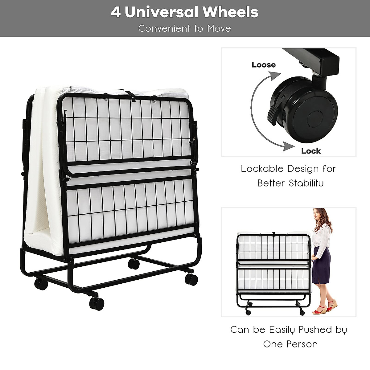 GORELAX Folding Bed with Mattress for Adults, Twin Size Small Portable Bed Set w/Metal Bed Frame & 4” Memory Foam Mattress, Foldable Bed Sleeping Cot Bed on Lockable Wheels, Rollaway Guest Bed