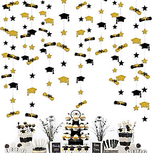 Graduation Decorations 2023 Graduation Hat Diploma Star Garland Banner Bunting Streamer Backdrop for Graduation Party Supplies Classroom Middle High School Grad Home Decor (Black Gold)