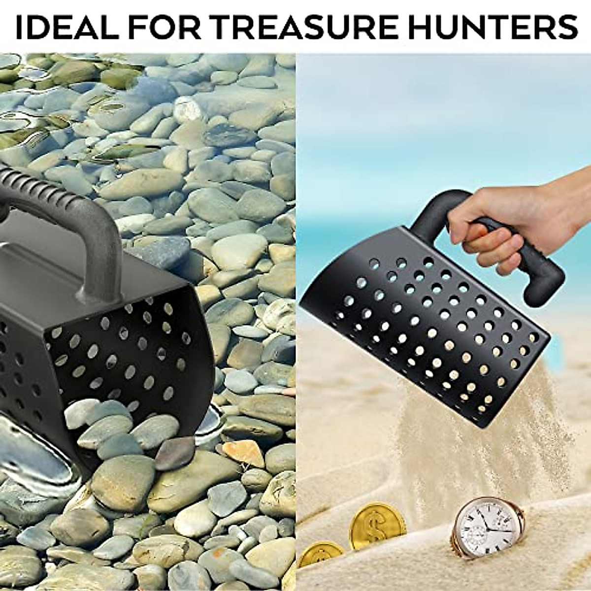 INCLY Sand Scoop & Shovel, Detecting Accessories for Kid & Adult Metal Detector, Sand Sifter Treasure Hunting & Digging Tool at The Beach & More, Black - Come with Mesh Bag