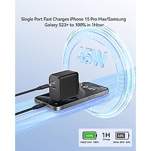 45W USB C Charger, K&ZZ Dual USB-C GaN Charger Foldable PD Super Fast Charger Block Compact Type C Wall Charger for iPhone 15/ 15Pro, Galaxy S23 Ultra/ S22/ Note, MacBook, iPad (45W, Black)