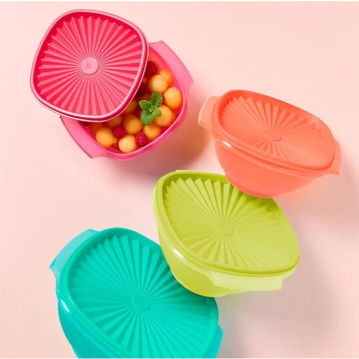 Tupperware Servalier Food Storage Container Set of 4 in Green/Lime/Coral/Red