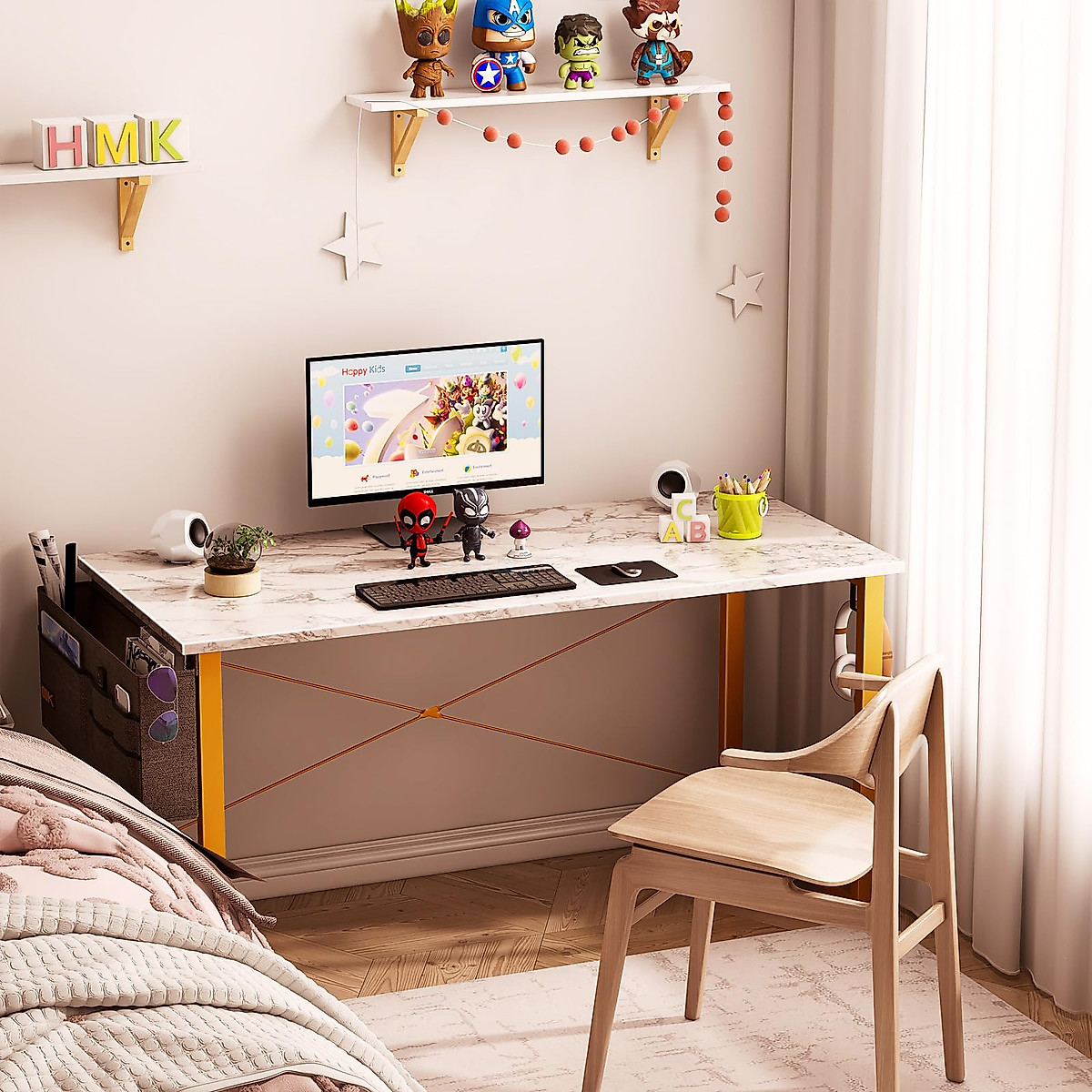 ODK Computer Desk Large Office Desk, 48 Inch Writing Desk with Storage, Modern PC Desk Work Table with Headphone Hook for Home Office, White Marble + Gold Leg