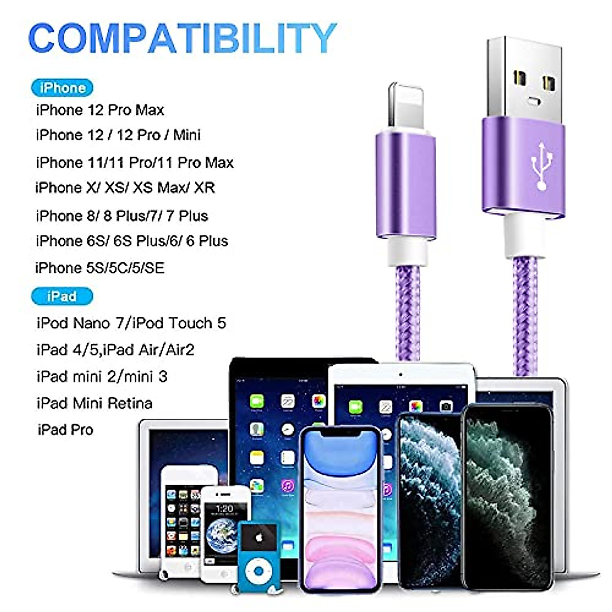 iPhone Charger Cord,[Apple MFi Certified] 4pack iPhone Charger Purple Apple Chargers for iPhone iPhone Charging Cord Nylon Braided Compatible with iPhone 13 Pro/13/12/11 Pro/11/XS MAX/XR/8/7/6s