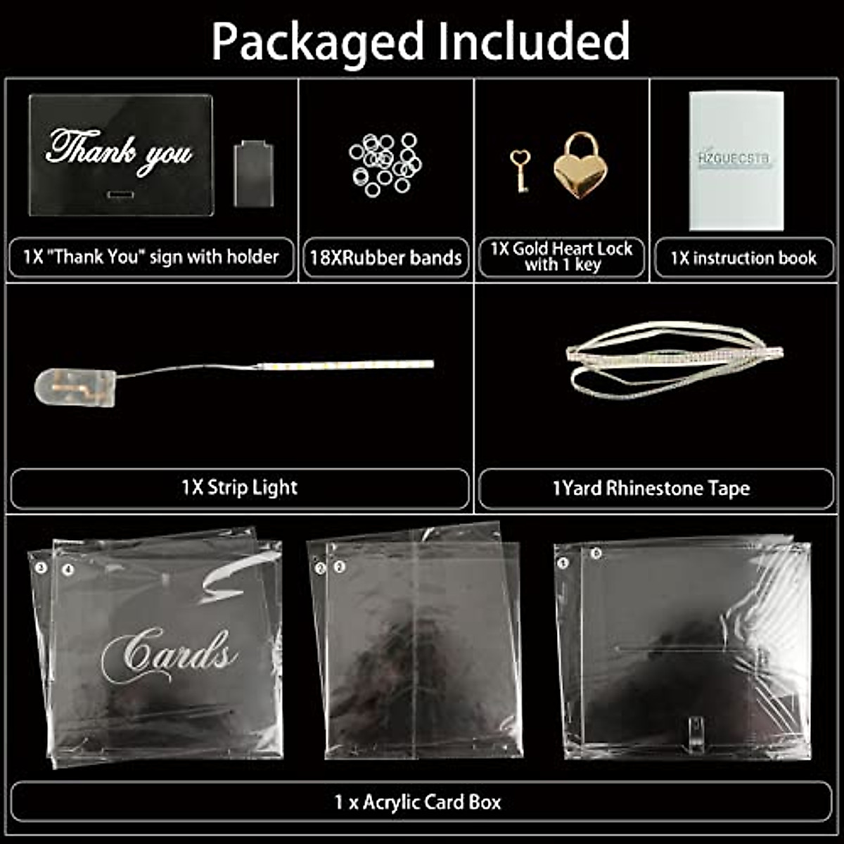 HZGUEOSTB Acrylic Wedding Card Box ,DIY Envelop Money Clear Card Box with Lock Strip Light and Rhinestone Tape,Large Acrylic Wedding Card Boxes for Reception Graduation Birthday Baby Shower (style3)