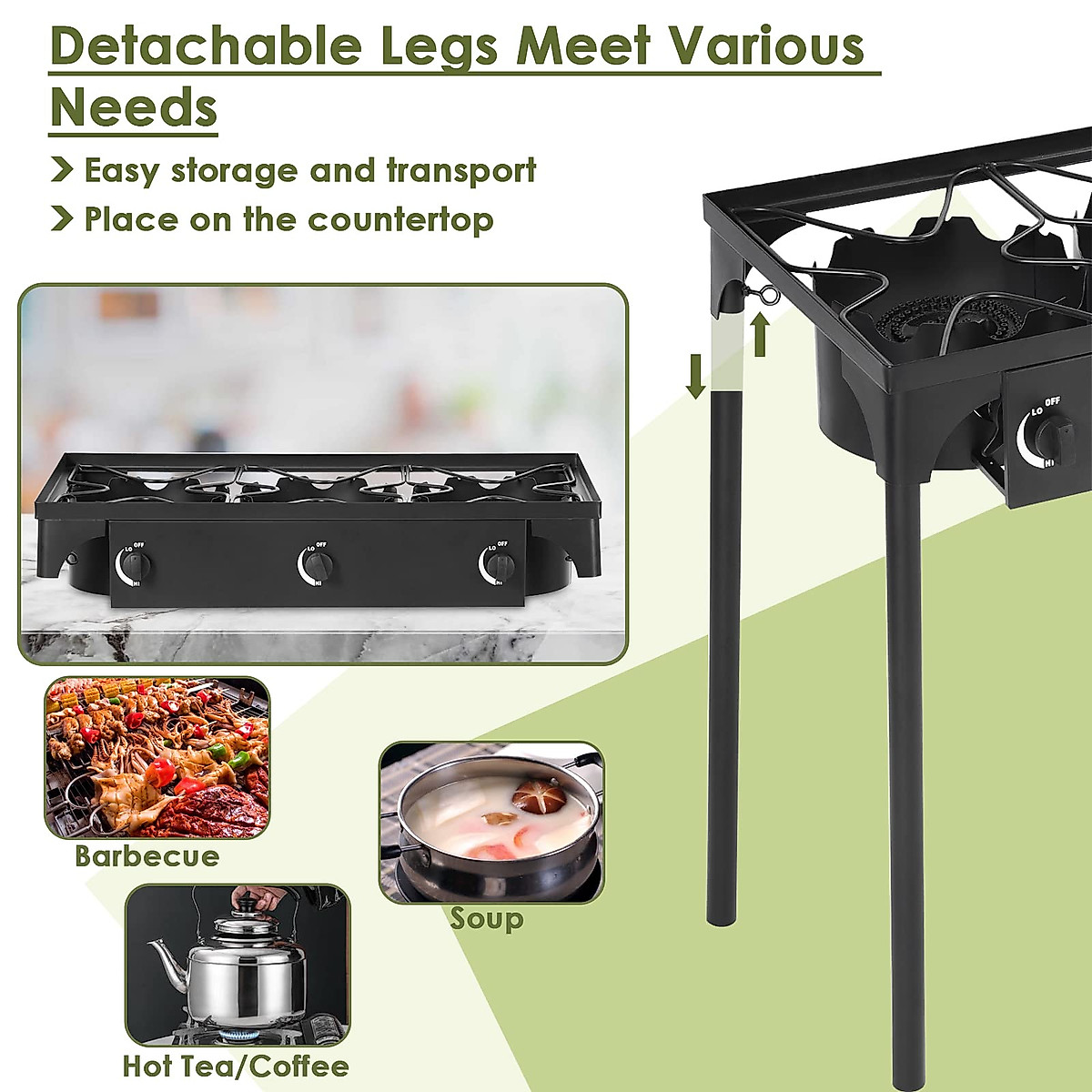 GYMAX Camping Stove, 3 Burner Propane Camp Stove w/Detachable Legs, 225,000-BTU Output, 20 PSI Regulator & CSA Certification, 30’’ Outdoor Gas Stove, High Pressure Propane Burner for BBQ (3 Burner)