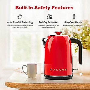 Galanz Retro Electric Kettle with Heat Resistant Handle and Cordless Pour, Quick Hot Water Boil, Boil-Dry Protection, Automatic Shut-Off, 1.7 L, Red