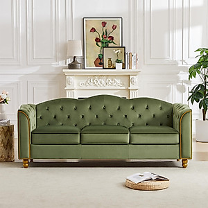 HITHOS 78" Velvet Sofa Couch, Soft 3 Seater Sofa Couche for Living Room, Button Tufted Comfy Couch Modern Sofa with Upholstered Cushion, Gold Trim, Solid Wood Legs for Dorm Bedroom Apartment, Green