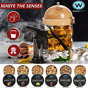 WONKYWARE Cocktail Smoker Kit with Torch Old Fashioned Drink Smoker kit with 6 Flavors Wood Chips for Bourbon Cocktail Smoker, Whiskey Smoker Infuser kit for Father, Husband, Friends (No Butane)