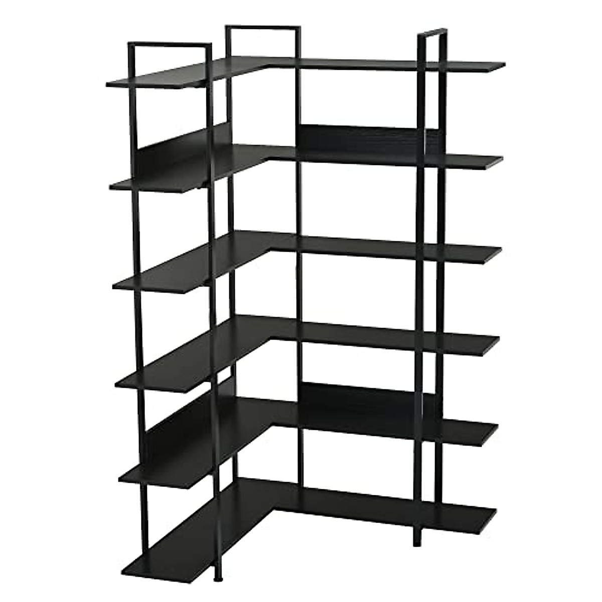 Corner Bookcase, 6-Tier L-Shaped Tall Bookshelf with Open Storage, Freestanding Industrial Shelf with Metal Frame for Home Office Funiture(Black)