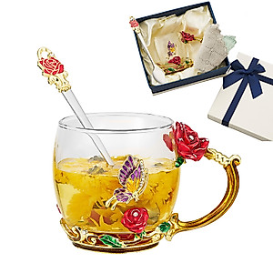 JLTPH Enamel Flower Glass Tea Cup, Clear Lead-Free Coffee Mugs with Spoon Cleaning Cloth, Tea Cup with Elaborate Handle for Women Birthday Valentines Wedding Day Mother's Day Gifts