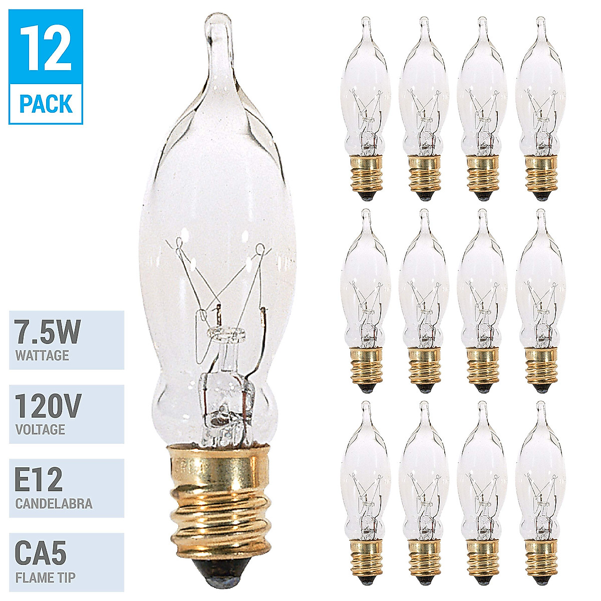 KOR (12 Pack) 7.5CFC/15/3 7.5W 120 Volt, Flame Candelabra Tip Chandelier Bulb, Clear CA5 Incandescent, Petite Decorative Lamp, E12 Candelabra Brass Plated Base, 40 Lumens, Dimmable.