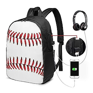 MZERSE Men & Women Lightweight Backpack Compatible with White Baseball Red Stripes, Multifunction Laptop Book Daypack Hiking Rucksack for College High with USB Charging Port
