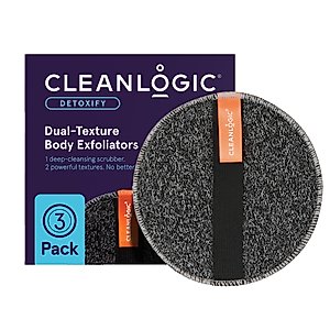 Cleanlogic Detoxify Purifying Charcoal Infused Exfoliating Body Scrubber, Dual-Texture Round Exfoliator Tool for Smooth, Clean Skin, Daily Skincare Routine, 3 Count Value Pack