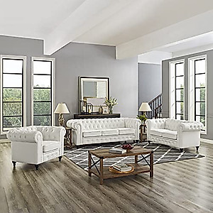 Naomi Home Chesterfield Sofa Set Living Room Chair Juegos Leather Couch Sofa Chair for Bedroom Modern Chesterfield Tufted Leather Chair Leather Sofas for Living Room (3 Piece Sofa Set, White)