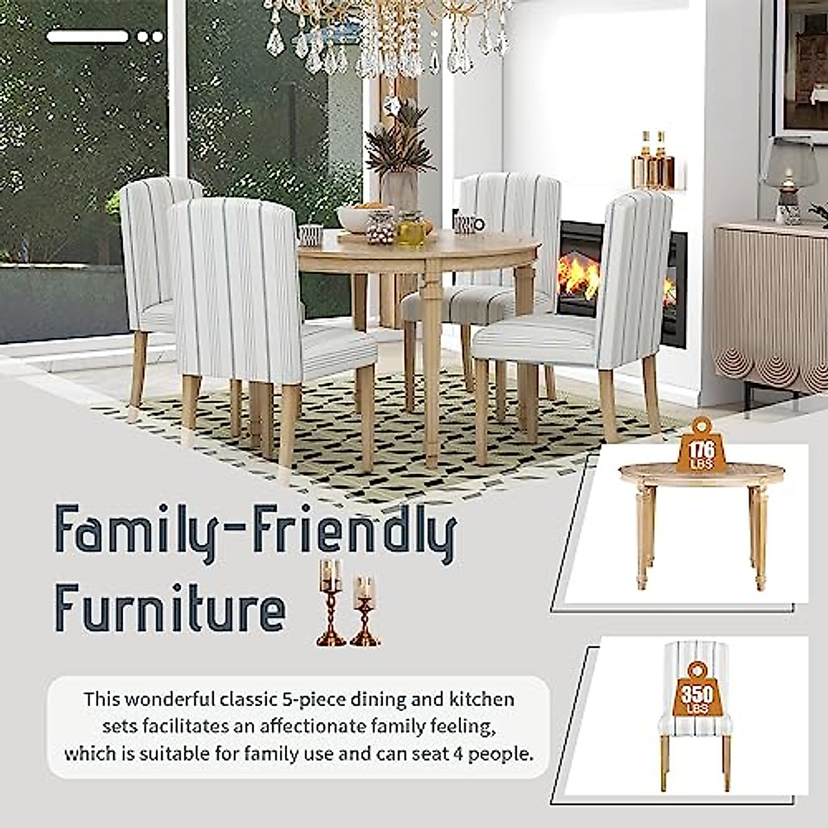 Merax Round Dining Room Table and Chairs Set of 4 Farmhouse Rustic Round Dining Table Set 5 Piece Wood Kitchen Table and 4 Upholstered Chairs with Striped Fabric for Dining Room