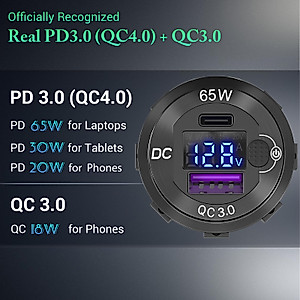 83W 12 Volt USB Outlet Built-in Boost USB C Laptop Car Charger: Ouffun 65W PD3.0 and 18W QC3.0 Car USB Port Aluminum Socket with Button Switch Smart Voltmeter, Suitable for Car RV Marine Golf Cart