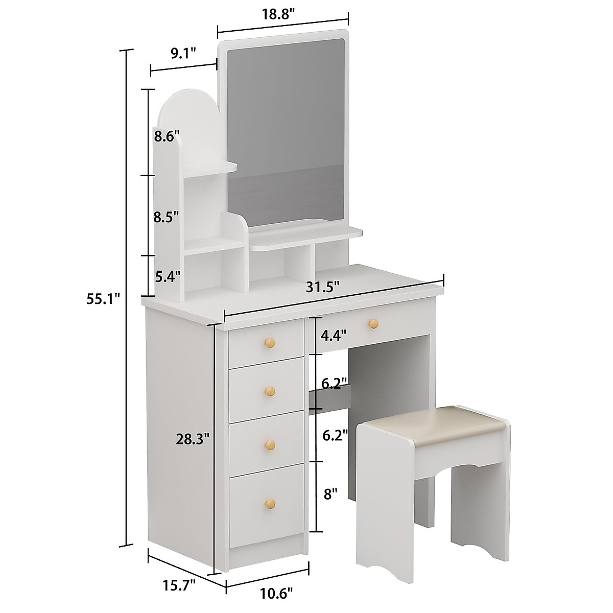 FUFU&GAGA Vanity Set with Mirror, Makeup Vanity Dressing Table with 5 Drawers, Shelves, Dresser Desk & Cushioned Stool Set (White, No Light)