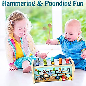 KIDWILL Wooden Hammering Pounding Toy for 12+ Months Kids, Montessori Toys for 1+ Year Old Babies, Early Development Toy with Pounding Bench, Xylophone, Number Sorting Maze, Gifts for Toddlers Age 1-2