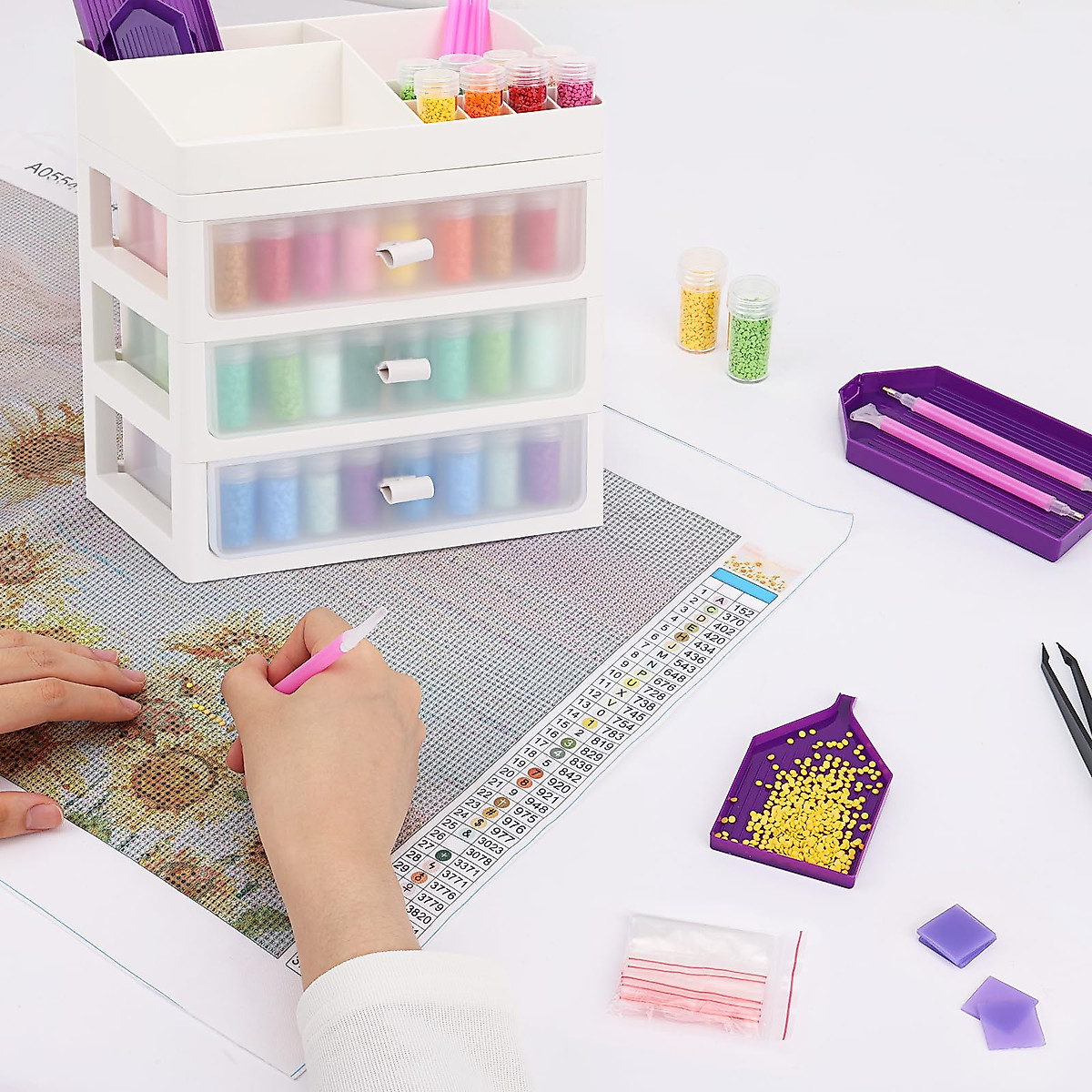 QUEFE Diamond Painting Storage, 3 Drawers, 144 Slots Storage Bottles, Diamond Painting Accessories and Tools, Diamond Art, Bead Box, Diamond Painting Organizer