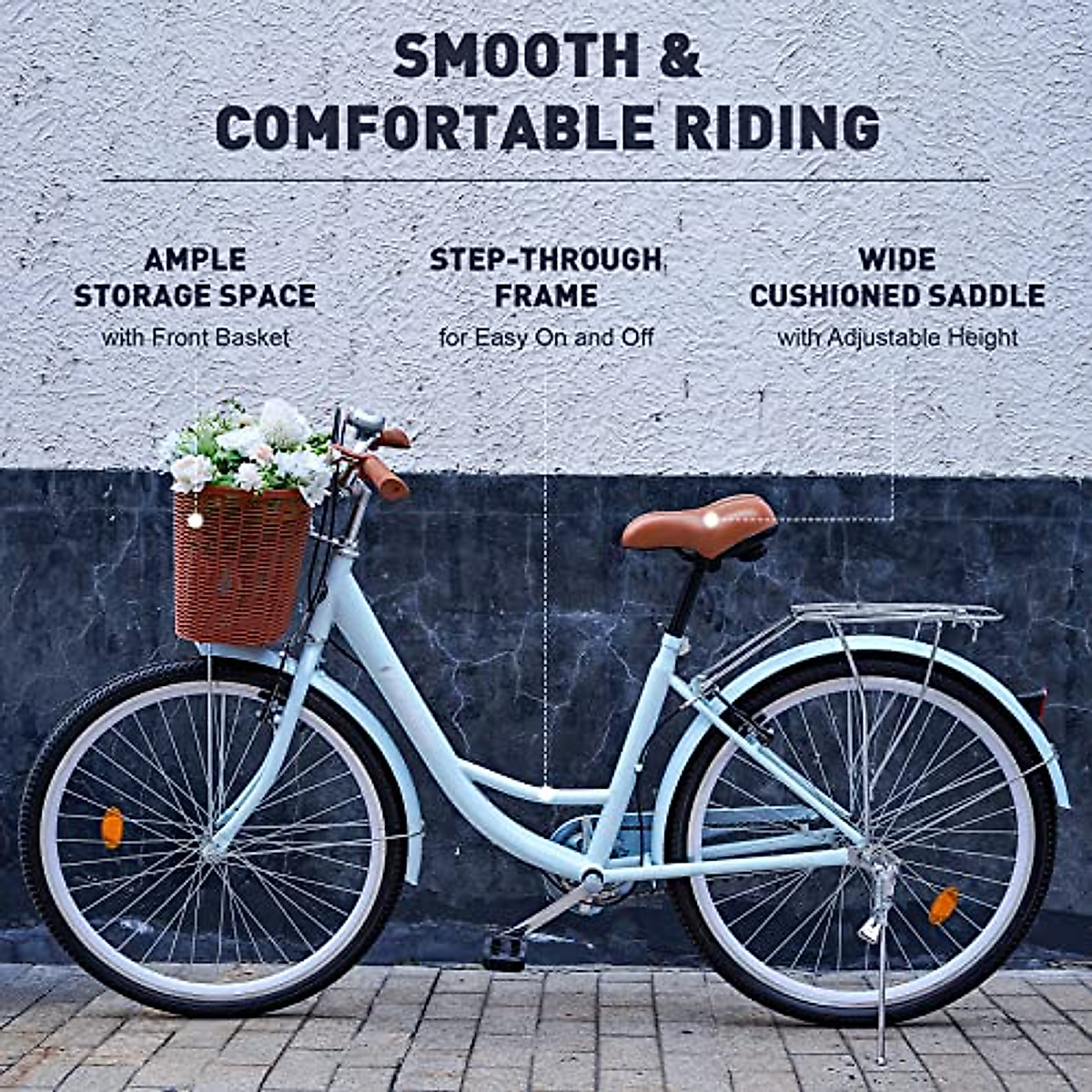 Womens Cruiser Bikes, Defective, 26 Inch Womens Bike with Front Basket, Beach Cruiser Bike for Short Women with Rear Rack, Adjustable Step Through Bike, Commute Bike Bicycle for Women Adults, Blue