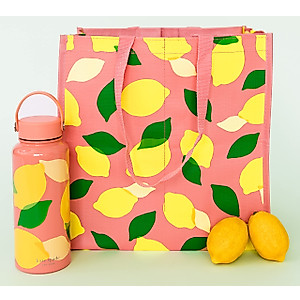 kate spade new york Pink Reusable Shopping Bag, Grocery Tote with Shoulder Straps, Large Collapsible Tote, Lemon Toss