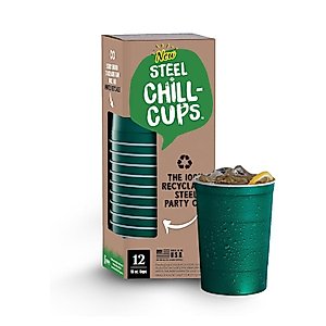 Steel Chill Cups 16 oz. Party Cups, Perfect for Cold Drinks, Sturdy & Durable, Disposable and 100% Recyclable, Made in USA, Green, 12 Count