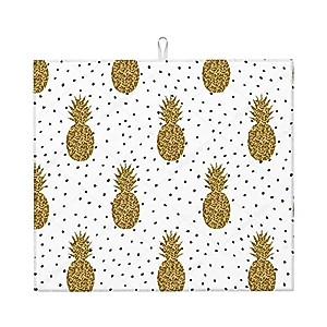 Gold Glitter Pineapples Fruit Printed Drying Mat For Kitchen Ultra Absorbent Microfiber Dishes Drainer Mats Non-Slip Silicone Quick Dry Pad - 18 X 16inch