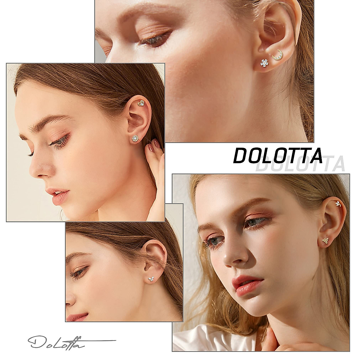 DOLOTTA 8PCS 18G Stainless Steel Cartilage Earrings for Women Men Flat Back Earrings for Women Internally Threaded CZ Earrings with Moon HeartShaped Bee Butterfly Tragus Helix Piercing Jewelry,
