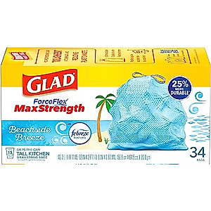 Glad ForceFlex MaxStrength Tall Kitchen Drawstring Trash Bags, 13 Gallon, Beachside Breeze with Febreze Freshness, 34 Count