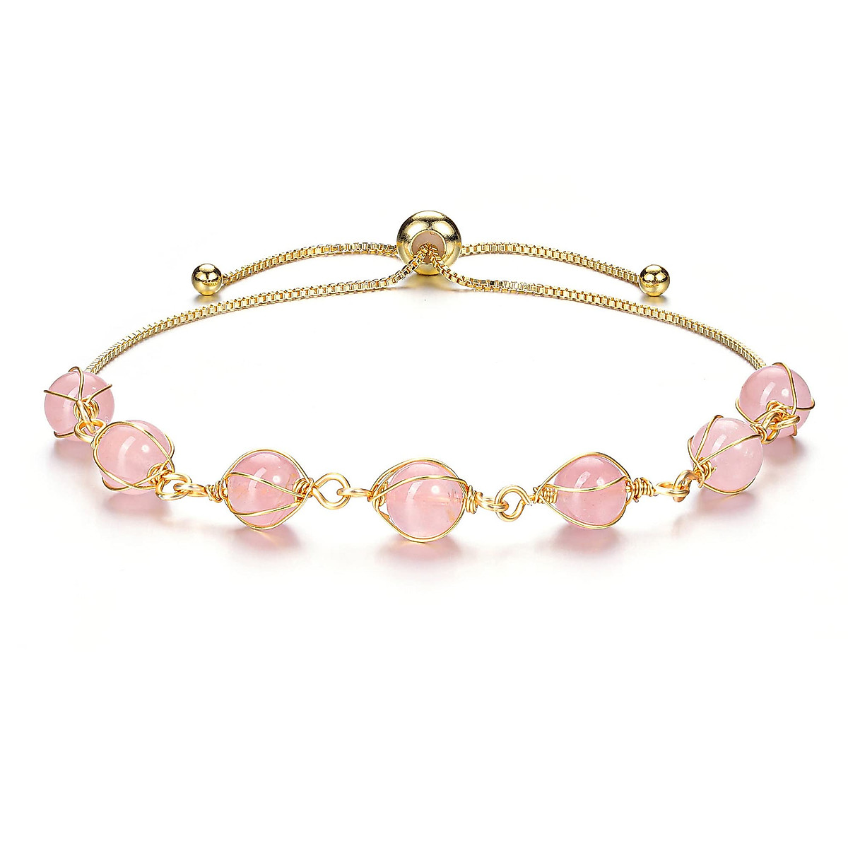Top Plaza Natural Rose Quartz Crystal Bracelets Healing Crystal Stone Bead Bracelet 14K Gold Plated Ankle Bracelets Healing Quartz Jewelry for BF Mom Wife Birthday Christmas Gifts